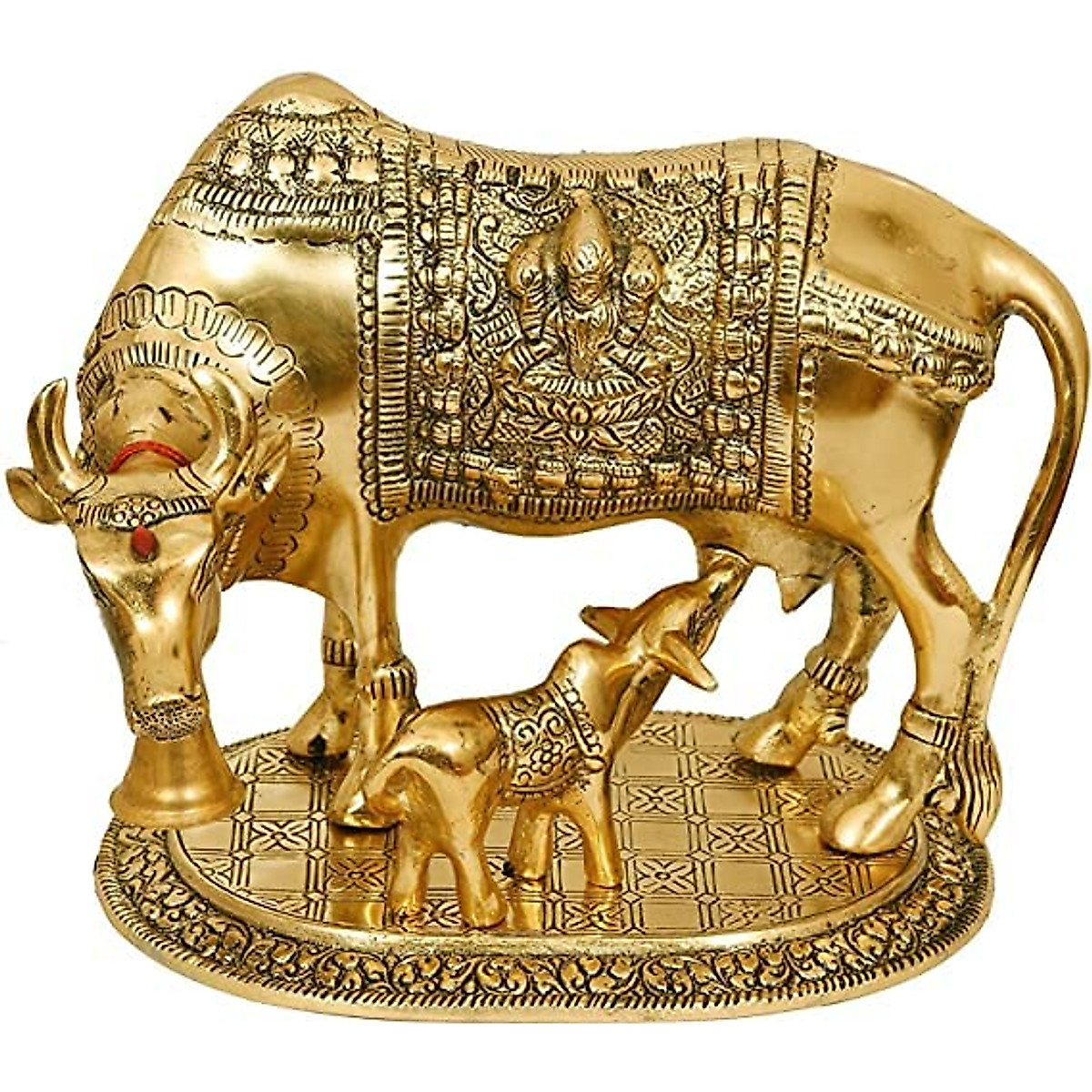 LCRAFT Brass Murti Kamdhenu Cow & Calf | Nandi Cow Decorative Showpiece | Cow with Calf Statue Idol for Diwali II Wedding II Pooja Room II Temple II Gifting | Gold and Silver (14 x 8 x 12.5 cm