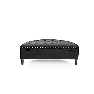 Iconic Home Jacqueline Half Moon Storage Ottoman Button Tufted Velvet Upholstered Gold Nailhead Trim Espresso Finished Wood Legs Bench Modern Transitional Black