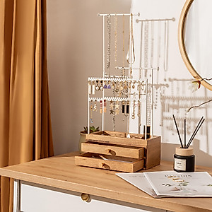 ProCase Jewelry Organizer Wooden Jewelry Box with 2 Drawers for Women Girls Mothers Day Gift, 5 Tiers Height Adjustable Jewelry Holder Organizer Necklace Stand Earring Storage Rack -White