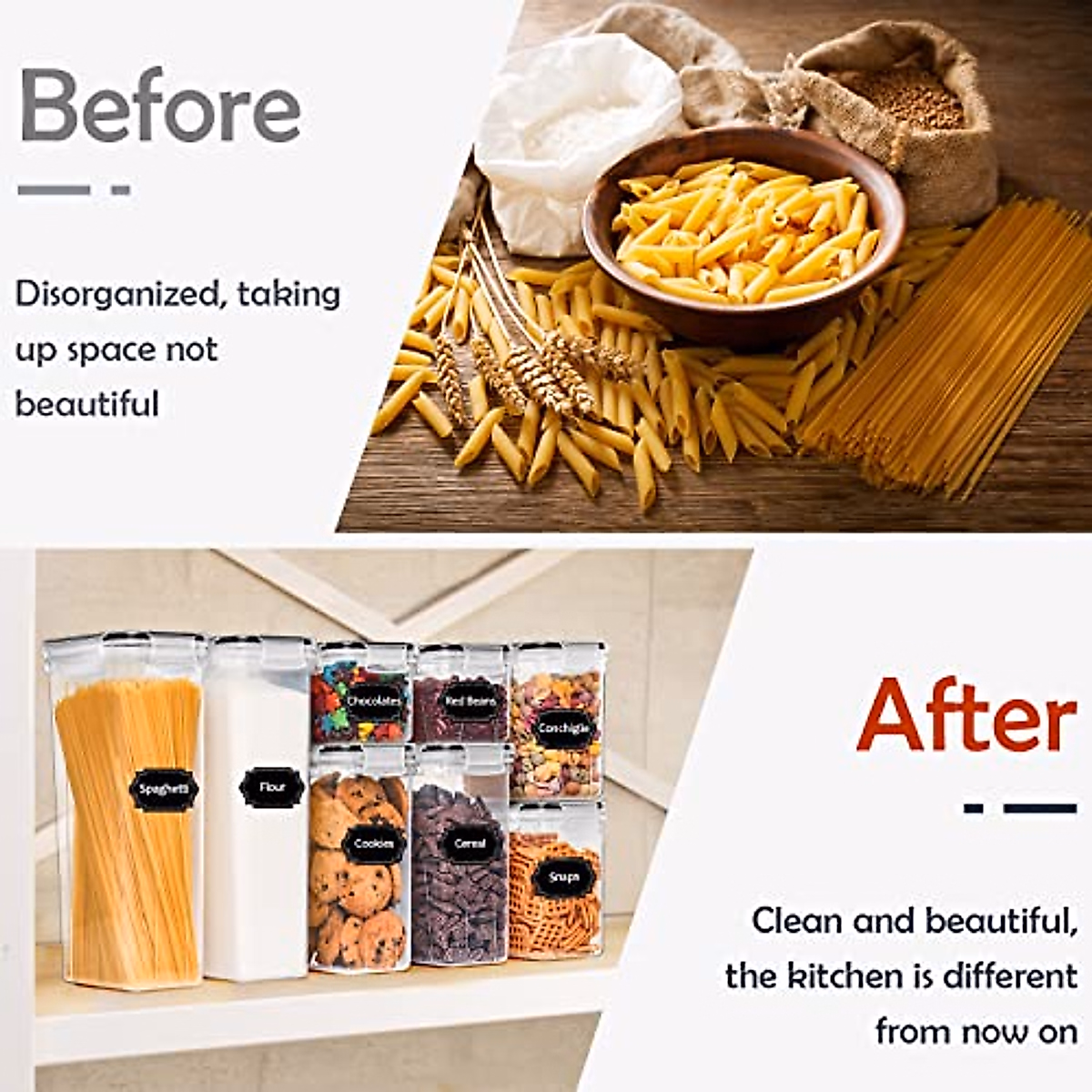 Skroam 14 Pack Airtight Food Storage Containers for Kitchen Pantry Organization and Storage, BPA Free Plastic Canister Set with Lids, Cereal, Flour & Sugar Containers- Spoon Set, Labels & Marker