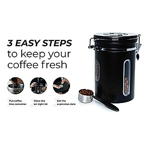 ALPACA VENTURES Stainless Steel Coffee Canister - Airtight Kitchen Food Storage Container with Date Tracker, CO2-Release Valve and Measuring Scoop For Ground Coffee, Beans, Tea, Sugar, Large (Black)