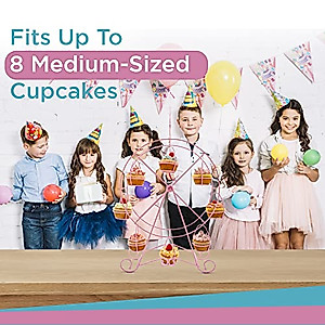 Zoie + Chloe Ferris Wheel Cupcake Stand - Decorative Cupcake Holder for Parties - Spinning Display for Serving Pastry, Treats & Desserts - Easy-to-Clean, Fits 8 Medium Cupcakes - 14x4x17, Rose Pink