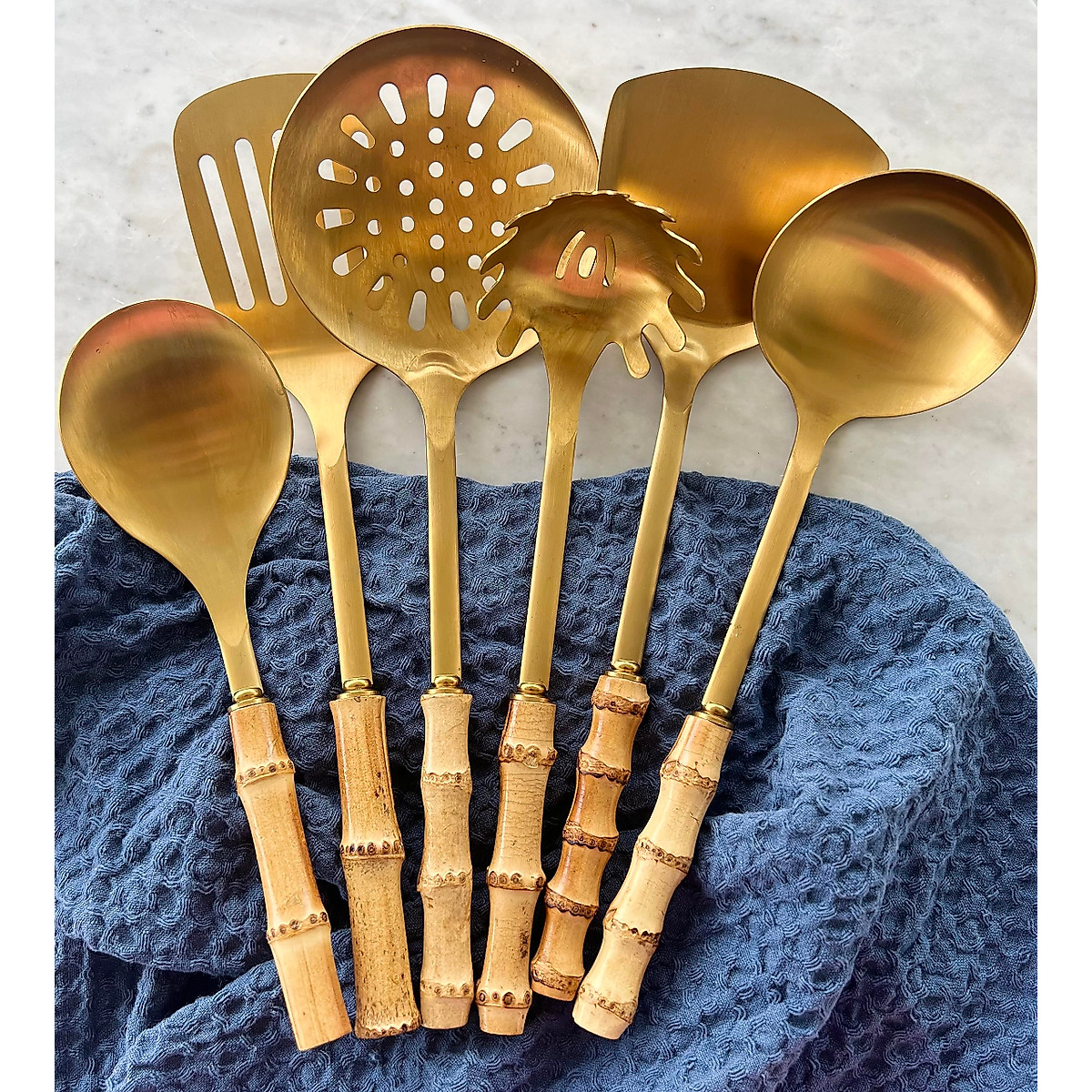 Bamboo Stainless Steel Cooking Tools Utensils Stainless - Brass/Gold Cooking and Serving Utensils - Gold Kitchen Utensils - Bamboo Wood Handled Gold Kitchen Utensils For Gold Kitchen
