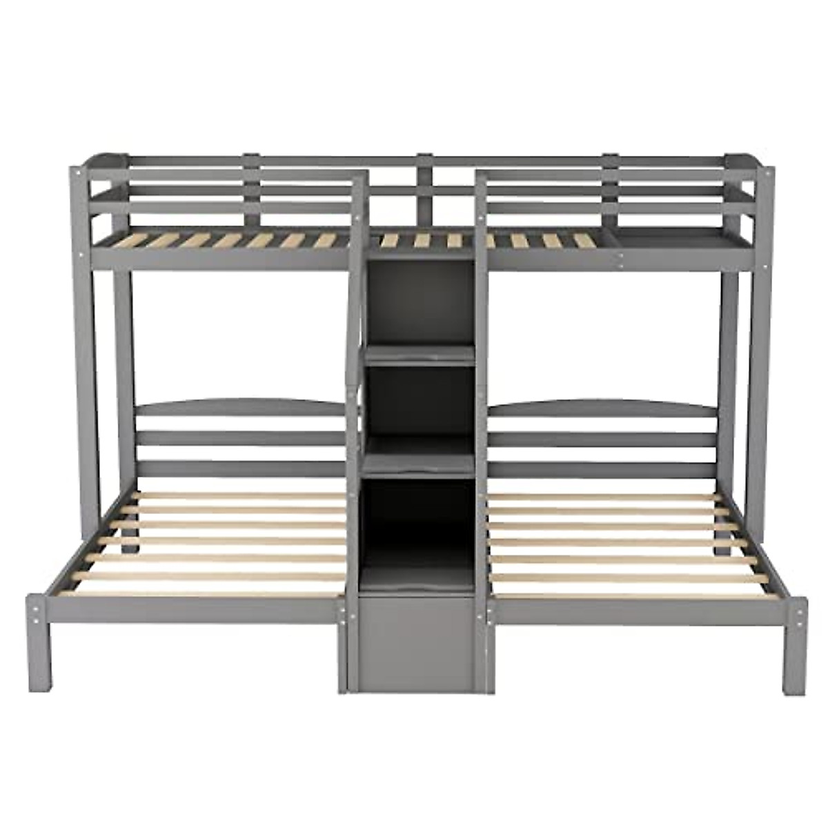 VilroCaz Twin Size Triple Bunk Bed with Built-in Staircase and Storage Drawer, Solid Wood Bunk Bed Frame with Safety Full-Length Guardrail for 3, Bedroom Guest Room Home Furniture (Gray)