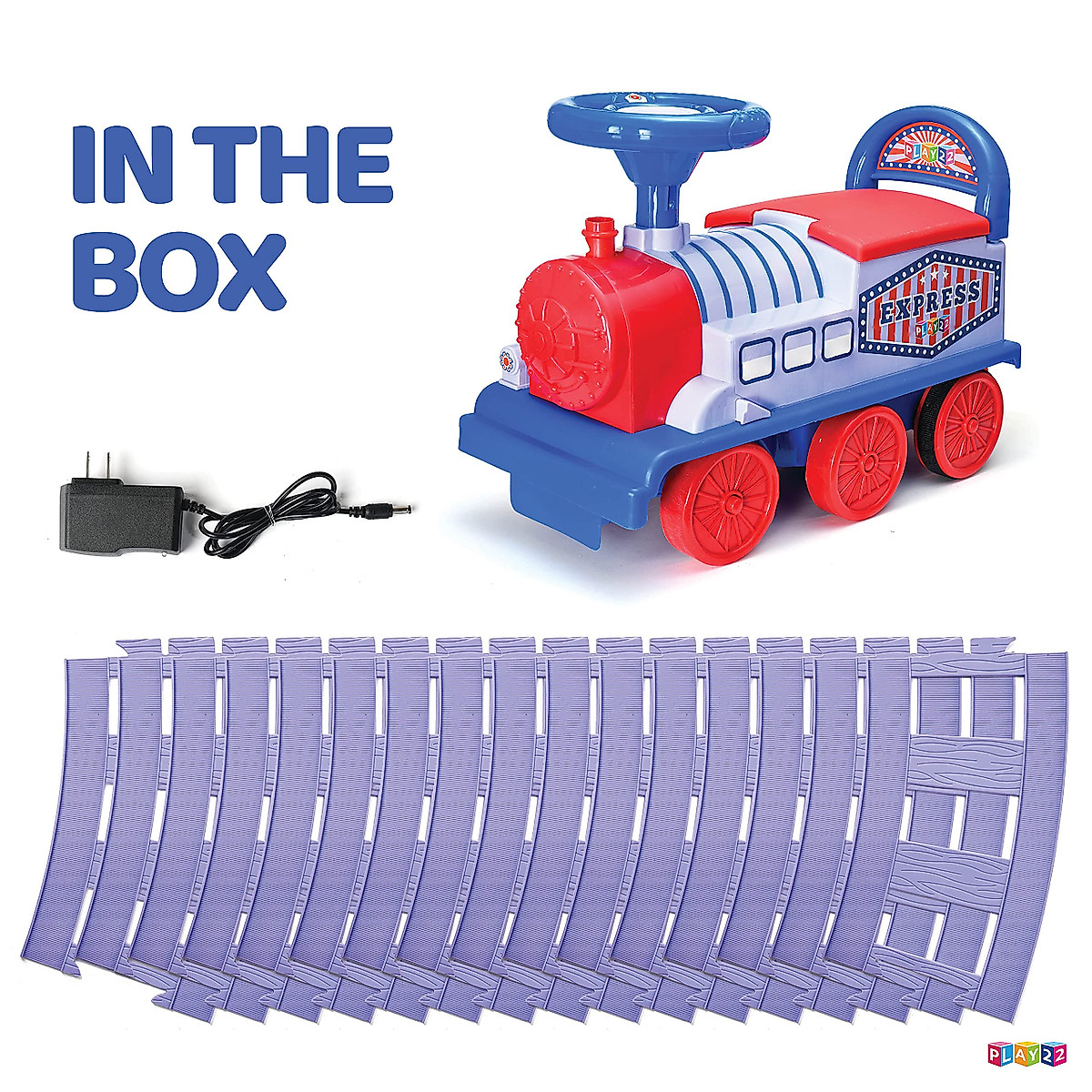 Play22 Electric Ride On Toy Train with Tracks - Ride On Train for Toddlers 1-3 Features Fun Flashing Lights and Music, Storage Seat, 16 Tracks - Playable Without Tracks - Riding Toys for Kids