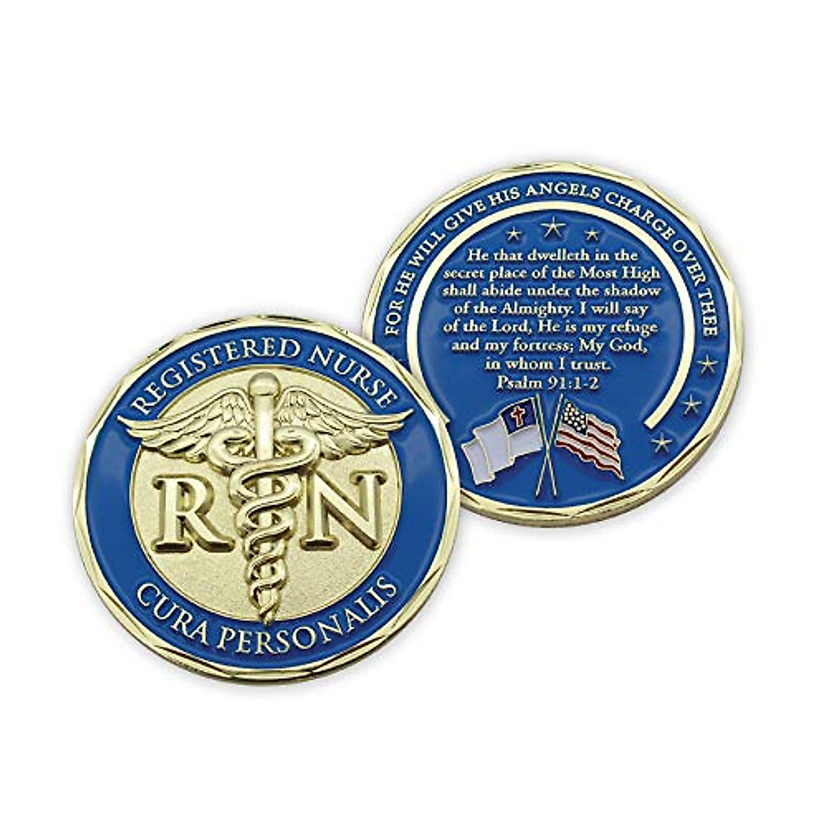 Nurse Coin, Bulk Pack of 3, The Lord is My Refuge & My Fortress, Psalm 91 & Cura Personalis - Personal Care, Religious Pocket Token of Peace & Protection, RN Challenge Coin with Christian Flag