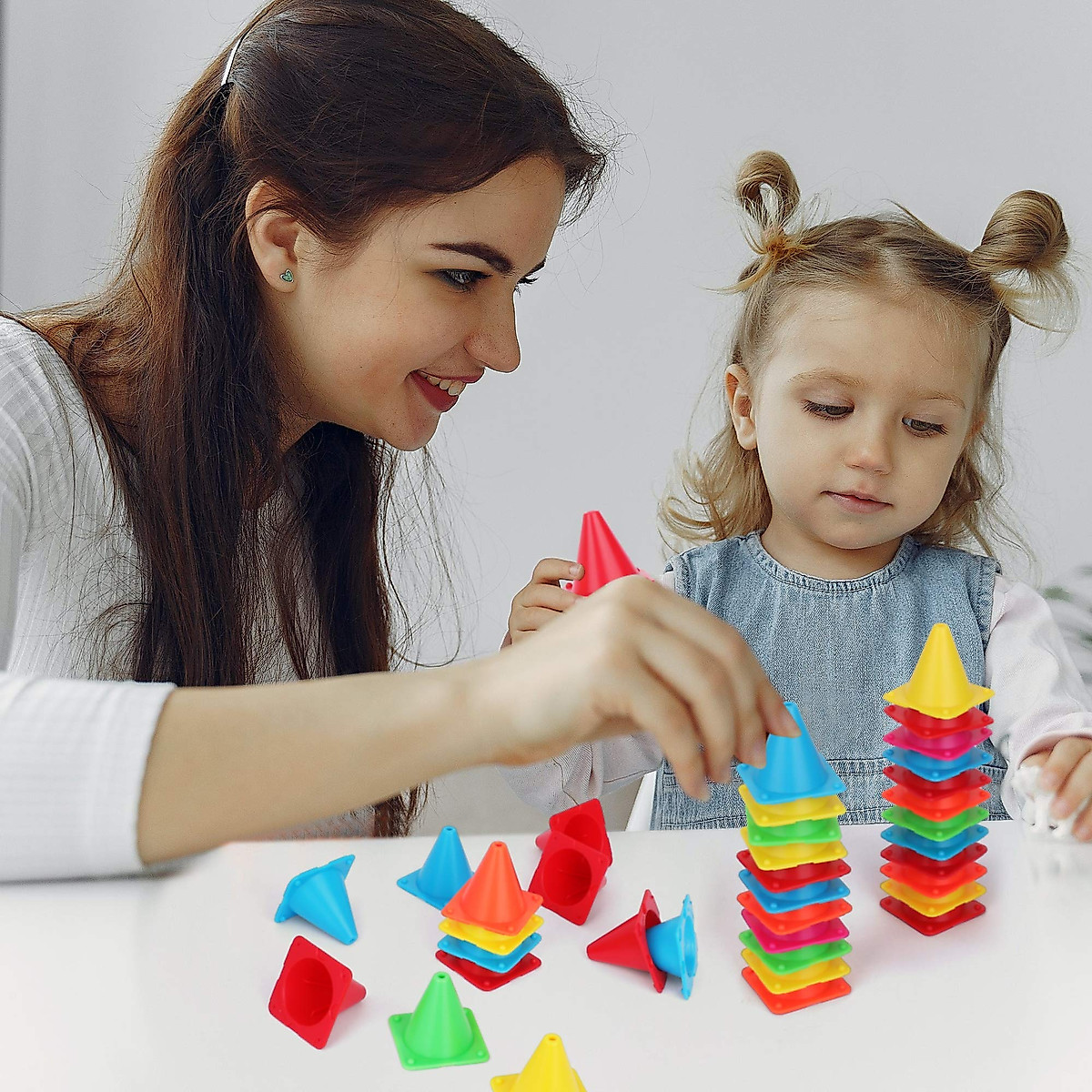 Play Build ConestaX Stacking Game - 48 Pcs Cones Balancing Stacking Toy - Fun STEM/STEAM Activity Games for Toddler - Educational Cone Stack Toys with Plastic Storage Container