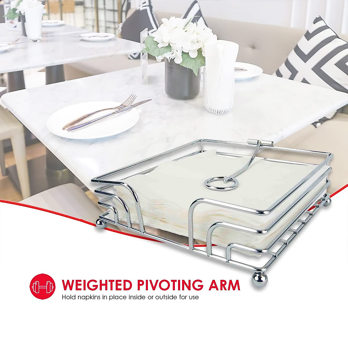 Home Basics Chrome Plated Steel Flat Napkin Holder with Weighted Pivoted Arm, Indoor and Outdoor Use, Silver (1)