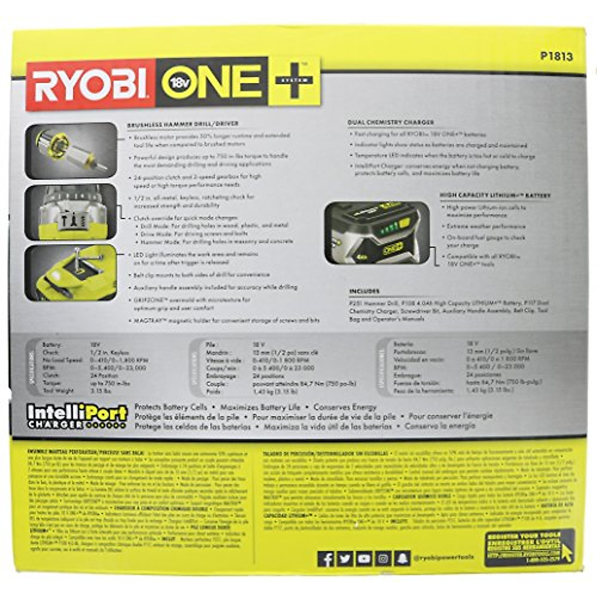 Ryobi P1813 One+ 18V Lithium Ion 750 Inch Pound Cordless Hammer Drill Power Tool Kit (Includes Battery Charger and Bag)