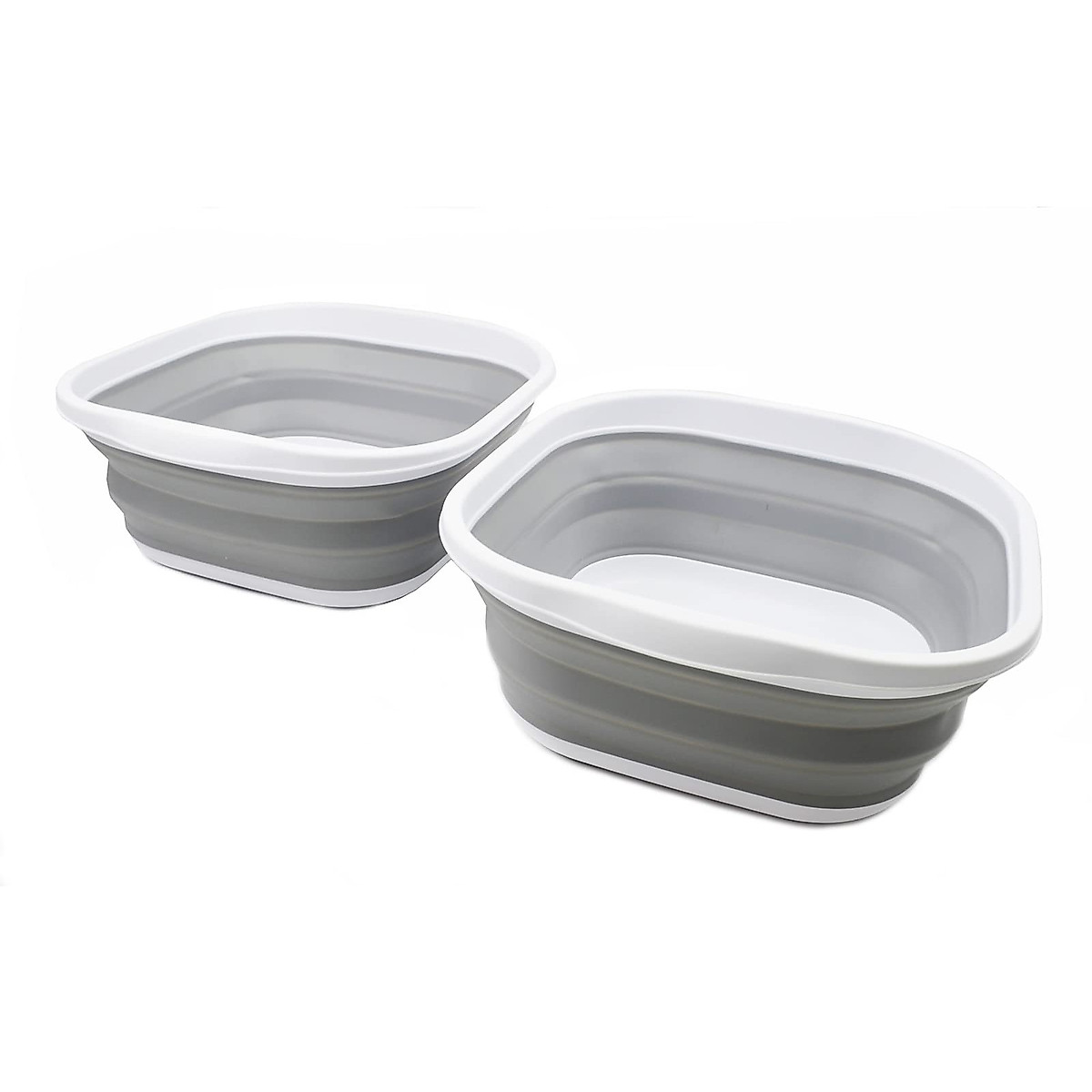 SAMMART 10L Set of 2 Collapsible Tub - Foldable Dish Tub - Portable Washing Basin - Space Saving Plastic Washtub (White/Grey)