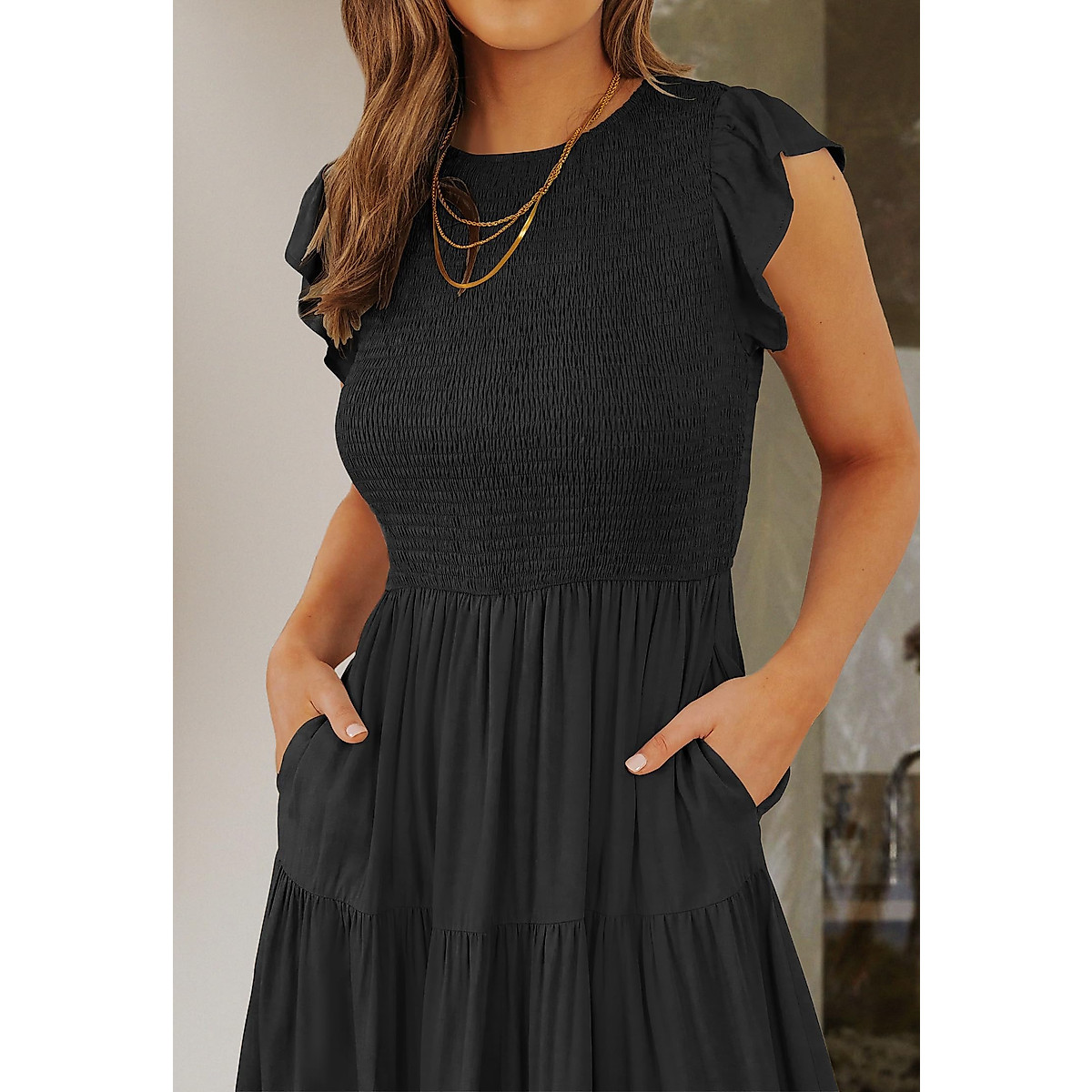 ZESICA Women's 2025 Summer Casual Flutter Short Sleeve Crew Neck Smocked Elastic Waist Tiered Midi Dress,AllBlack,Medium