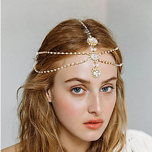 Aularso Layered Head Chain Rhinestone Head Jewelry Gold Wedding Headbands Chain Crystal Fprehead Headpieces for Women (Gold)