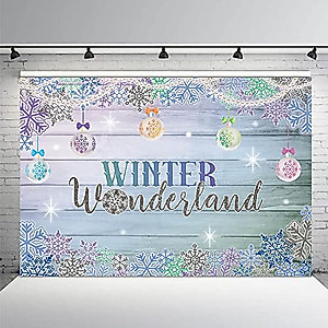 MEHOFOND 7x5ft Winter Wonderland Christmas Rustic Wood Backdrop for Photography Ice Blue Snowflake Boy Girl Birthday Background Baby Shower Party Decorations Photo Booth Props