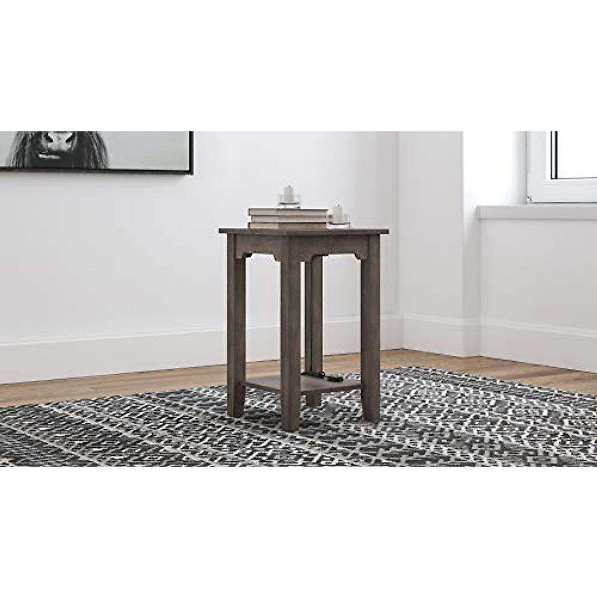 Signature Design by Ashley Arlenbry Farmhouse Square Chair Side End Table with Lower Fixed Shelf and USB Charging Port, Brown with Weathered Oak Finish