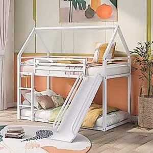 Twin Over Twin Bunk Beds with Slide, Metal Frame House Bunk Bed, Low Twin Bunk Beds with Built-in Ladder, No Box Spring Needed, White