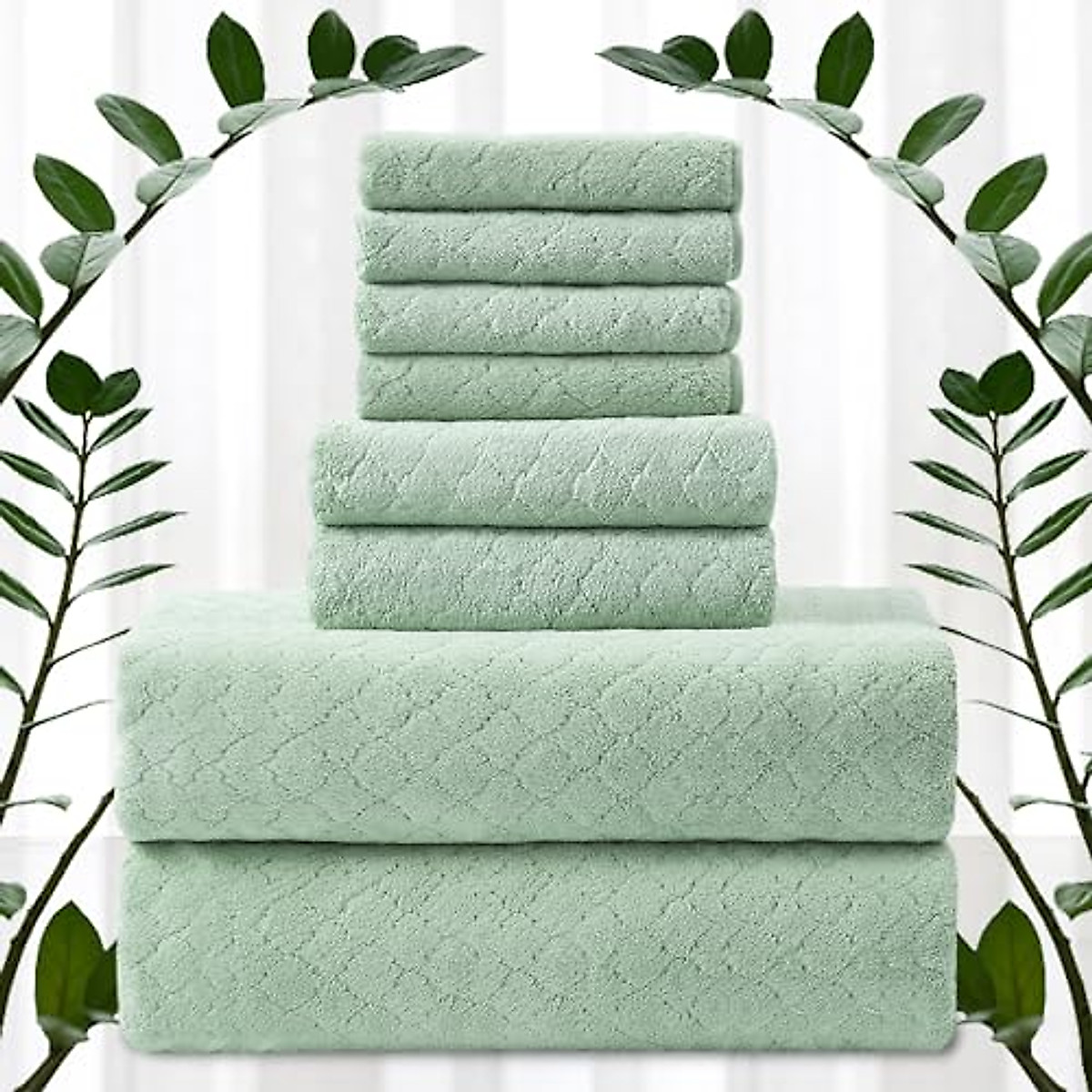 Extra Large Bath Towel Sets of 8, 2 Large Bath Towels Oversized, 2 Hand Towels, 4 Washcloths, Soft Microfiber & Quick Dry & Highly Absorbent Bath Towels for Bathroom Kitchen Spa Hotel Gym Pet(Green)