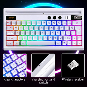 EQEOVGA L640 60% Wireless Gaming Keyboard,3300mAh Battery 2.4G Wireless Stand Design，RGB Backlit Waterproof Mini Compact 63 Key for PC/Mac Gamer, Typist, Travel, Easy to Carry on Business Trip(White)