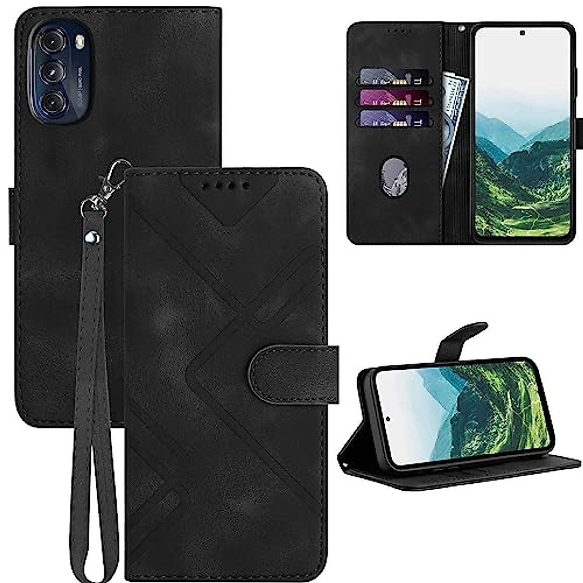 JHWVVTF for Moto G 5G 2022 Wallet Case, Card Holder Leather Kick-Stand, Wrist Strap, Magnetic Closure, Shockproof Protective Pattern Flip Cover (Black)