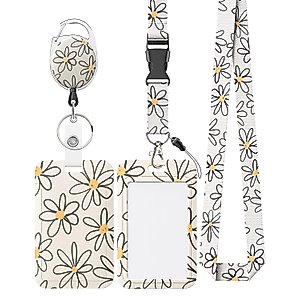 Uniclife Floral Sliding Badge Holder White Flower Plastic Case with Retractable Badge Reel Carabiner Clip and Detachable Lanyard Strap Hard Vertical Card Protector for Women Nurse Teacher Student