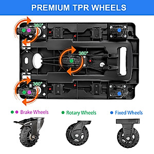 Double Rhombus Folding Hand Truck, 330 Lbs Foldable Hand Truck Dolly Cart Heavy Duty Collapsible Trolley Portable Platform Luggage Cart with 5 Wheels & 2 Elastic Ropes for Moving Travel Home Office