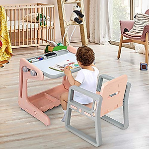 Costzon 2 in 1 Kids Table & Chair, Art Easel w/Adjustable Magnetic Painting Board, Storage Space, Art Supply Accessory, Children Convertible Activity Table Set for Drawing Reading Art Playroom (Pink)