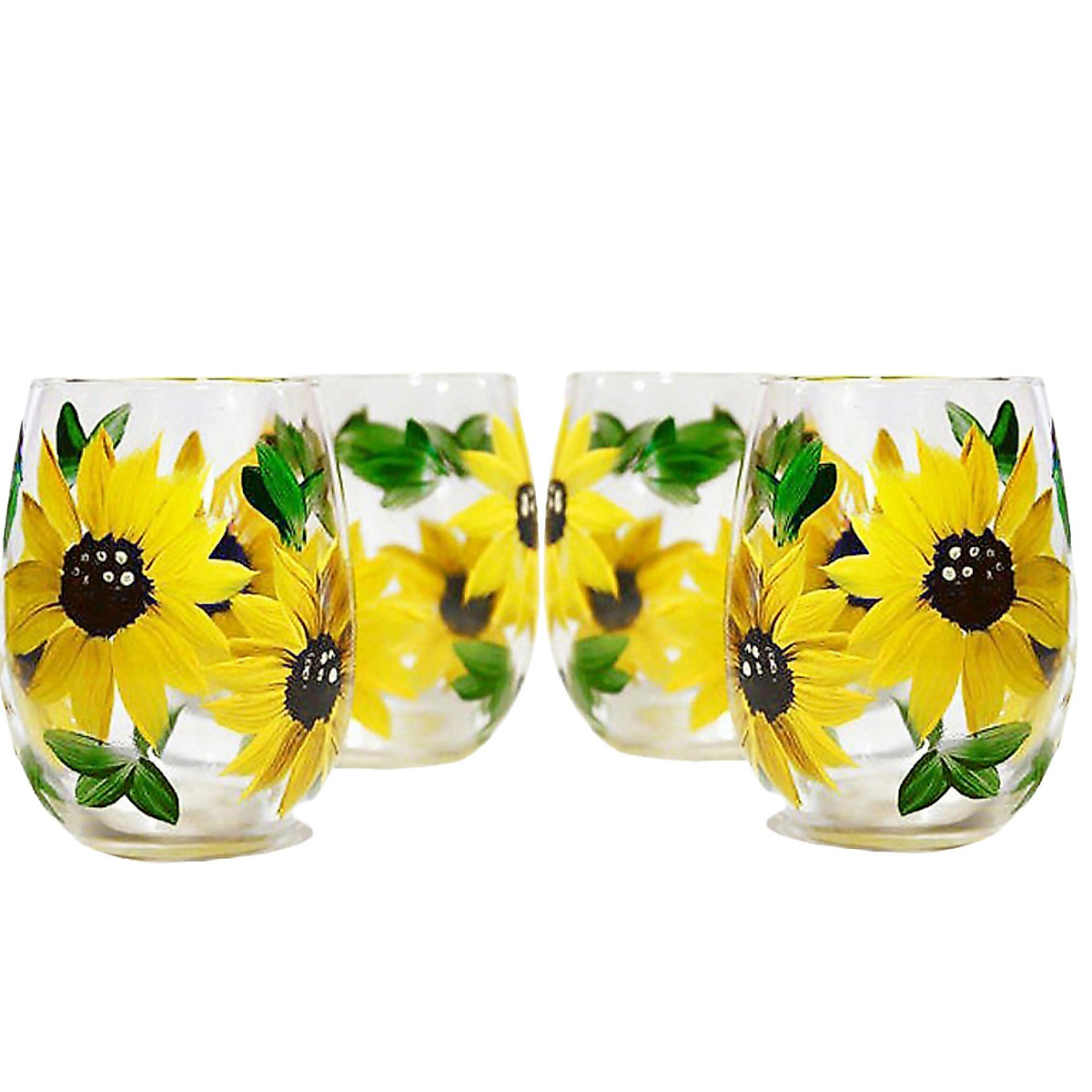 Sunflower Gift Idea | Sunflower Wine Glasses Set Of 4 | Hand Painted Stemless Wine Glasses, Sunflower Wedding Favors