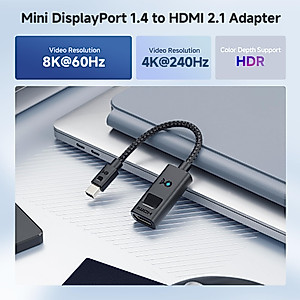 Cable Matters Active 8K Mini DisplayPort 1.4 to HDMI 2.1 Adapter with 4K 240Hz / 8K 60Hz, Unidirectional Mini DisplayPort to HDMI 2.1 Cable Adapter, Black