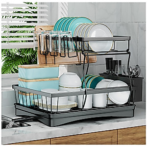 7 code Large Dish Drying Rack,2-Tier Dish Racks for Kitchen Counter,Detachable Large Capacity Dish Drainer Organizer with Utensil Holder, Dish Drying Rack with Drain Board ,Black