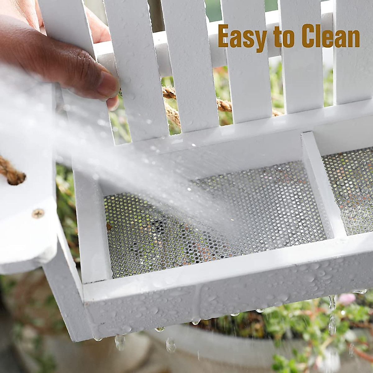 Solution4Patio White Swing Wild Bird Feeder for Outside, Metal Mesh Bottom, Cute Bench Bird Feeder or Squirrel Feeder for Yard, Porch Decoration, Large Capacity, Easy to Fill & Clean, #8455