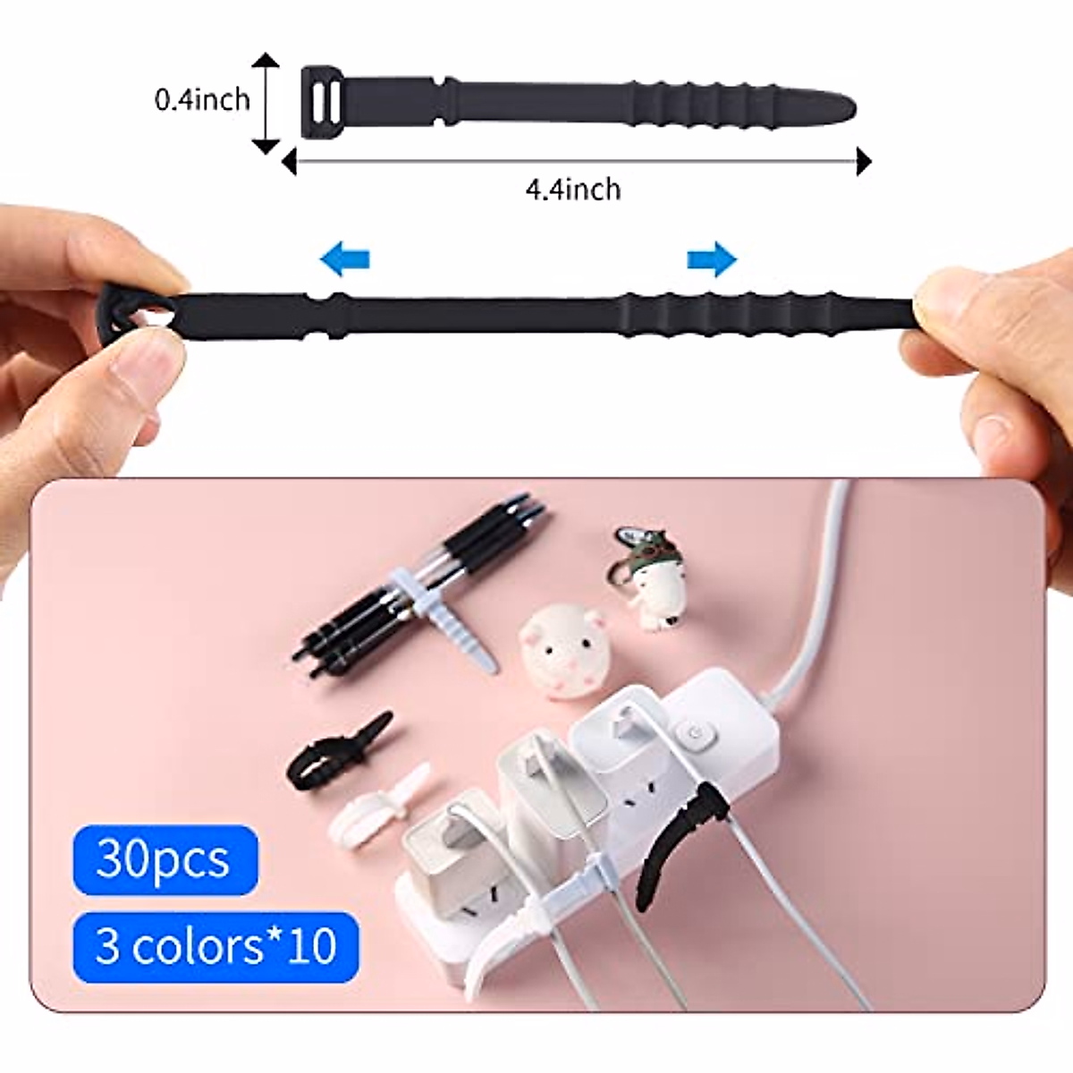 30PCS Reusable Cable Ties, UMUST Silicone Zip Ties,Cord Organizer,Silicone Cable Ties,Cord ties,Cable Straps,Wire Organizer Keeper for Bundling Phone Charging Cable,Wire (black,white,blue)