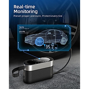 ShockFlo Tire Inflator Portable Air Compressor 12v DC Ultra Fast Air Pump for Car Tires- 150PSI Car Tire Air Pump Digital Pressure & Pre-set Gauge with Emergency LED Light