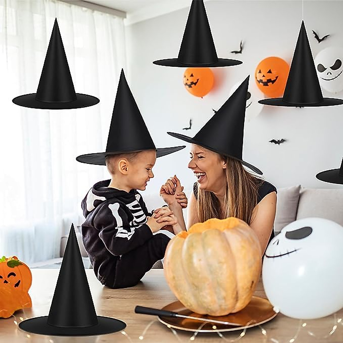 LANLV Halloween Costume Witch Hat Set - 10 Pieces Black Witches Hats with 100 Yards Hanging Rope for Party Yard Decoration