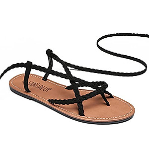 SANDALUP Women Braided Tie up Sandals Black 07