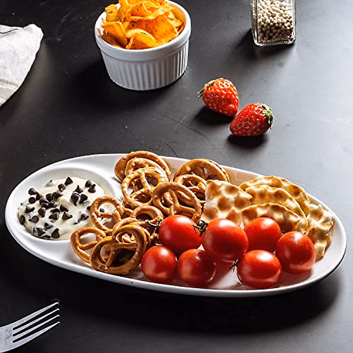 XINLTC 13 inch Ceramic Chip & Dip Platter, Oval Chip and Dip Serving Dish, Divided Serving Platter Perfect for Appetizer, Dessert, Guacamole, Hummus, Veggies, Candy and Snacks-2 pack
