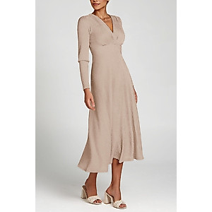 PRETTYGARDEN Women's 2024 Fall Midi Dress Casual Long Sleeve V Neck Cocktail Party A Line Flowy Dresses (Beige,X-Large)