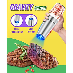 Rongyuxuan Gravity Electri Salt and Pepper Mill Set,Pepper Grinder with Ceramic Rotor,Acrylic Container,Stainless Steel Middle,Blue LED Light,Battery Powered,Adjustable Coarseness,One Hand Use,Sliver