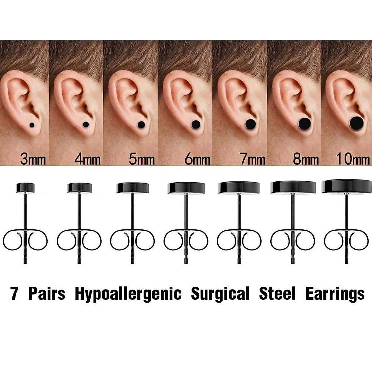 7 Pairs Black Earrings Surgical Steel Studs Hypoallergenic 316L Stainless Steel Stud for Men Women Contain 3,4,5,6,7,8,10 mm