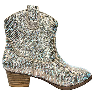 TruFox Kids Girls Rhinestone Western Cowboy Boots Low Heel Pull On, Champagne, 2