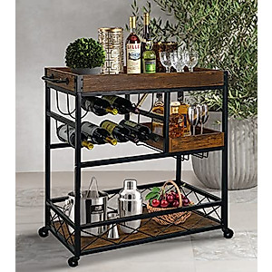 Ohsuaniy Bar Cart Industrial Kitchen Serving Carts for Home 3 Tier Storage Trolley with Wine Rack Glasses Holder Two Portable Trays Universal Casters with Brakes Rustic Rolling Cart Alcoholic Beverage