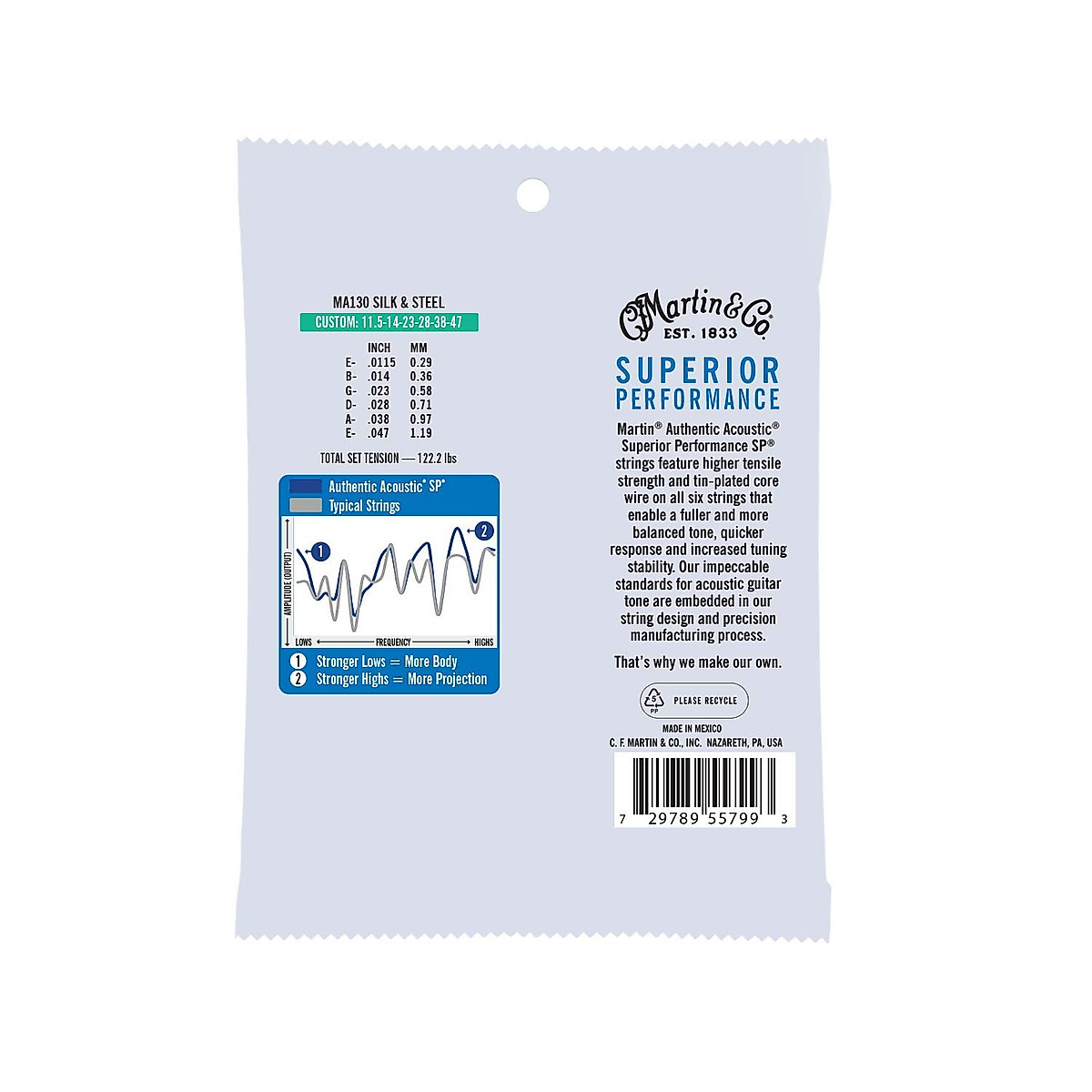 Martin Authentic Acoustic Guitar Strings, Superior Performance Custom 11.5-47, Silk & HT Steel