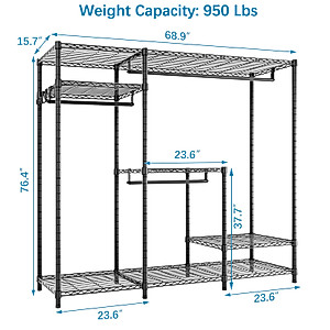 VIPEK V3 Clothes Rack, Heavy Duty Garment Rack with Adjustable Shelves & Hang Rods & Side Hooks, Portable Closet Systems Freestanding Metal Clothing Rack for Hanging Clothes, Max Load 950lbs, Black