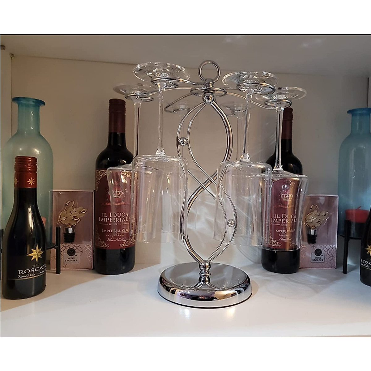 Hongiuia Wine Glass Holder - Freestanding Table Top Metal Art Goblets - 6 Cup Storage Rack for Kitchen Bar Decor Easy Access and Storage Wine Glasses - Silver