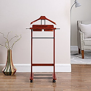 Proman Products Deluxe Suit Valet Stand VL36204 with Top Tray, Slide Out Tray, Contour Hanger, Trouser Bar, Tie & Belt Hooks and Shoe Rack, 17" W x 13" D x 41" H, Dark Cherry