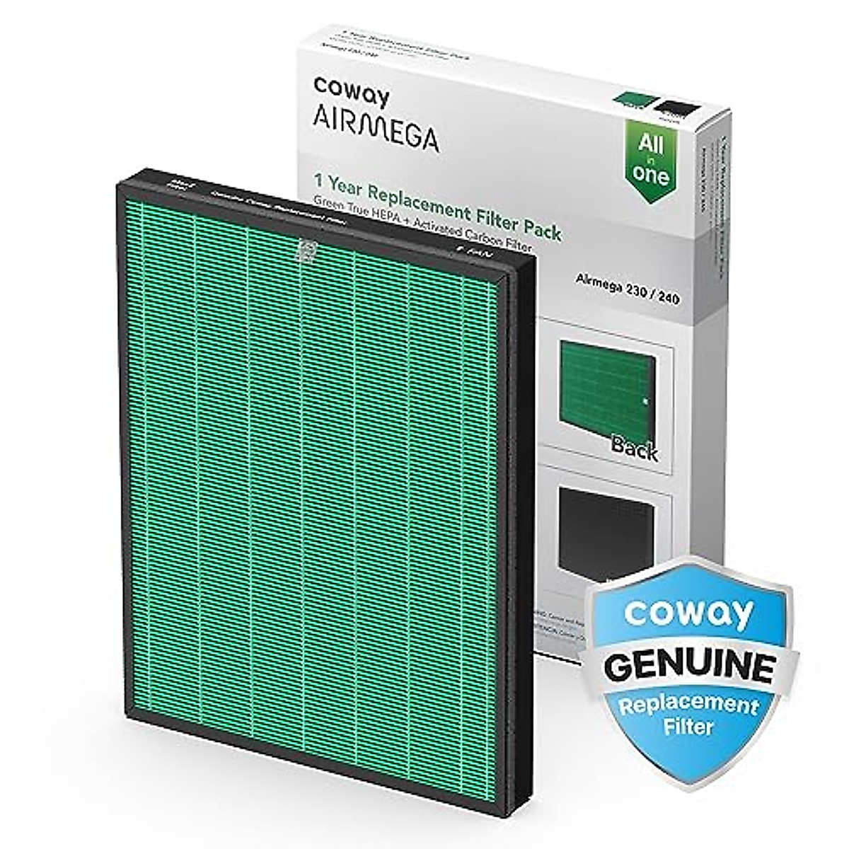 Coway Airmega 230/240 Air Purifier Replacement Filter Set, Max 2 Green True HEPA and Active Carbon Filter
