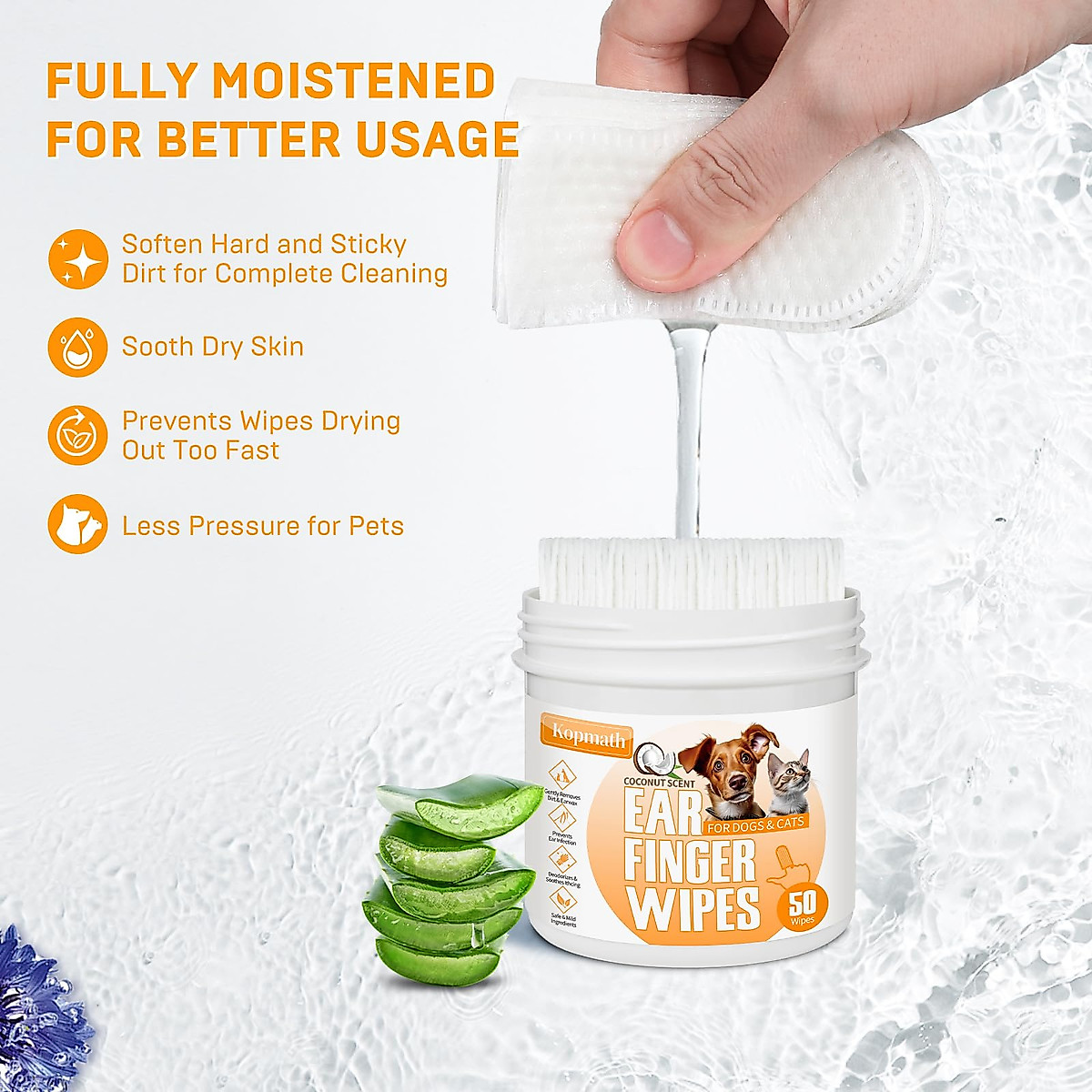 Kopmath Dog Ear Wipes, Ear Cleaner Finger Wipes for Dogs & Cats, Gently Remove Earwax & Odor, Soothe Ear Itching and Infection, Easy to Use, Natural Cat Ear Wipes for Dogs, 50 Count, Coconut Scent