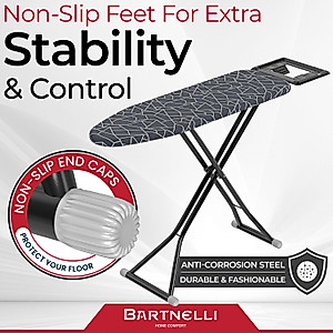 Bartnelli Ironing Board | Space-Saving and Ultimate Iron Board Experience 13x43 | Reinforced Steel Legs, Adjustable Height, 4-Layer Padding, Patent Folding System, with Convenient Iron/Steam Rest