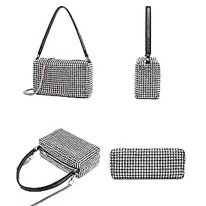 NOGUTU Silver Rhinestone Purse Rhinestone Crossbody Purse for Women Clutch Purse Evening Chain for Party Wedding