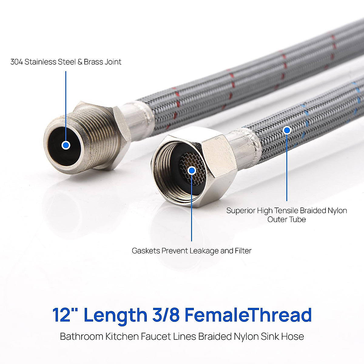 J-HVA Faucet Supply Lines Length 12" x G 3/8, 9/16" Female x 9/16" Male Thread Connector Braided Nylon Extension Hoses for Bathroom Kitchen Sink Faucet Hose Filter, Stainless Steel Nut (1 Pair)