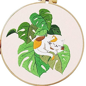 Embroidery Starter Kit for Adults Beginners with Sleepy Cat Green Plant Leaves Pattern Stamped Cross Stitch Set with Embroidery Cloth Hoop Needles Threader Colorful Floss and Instruction