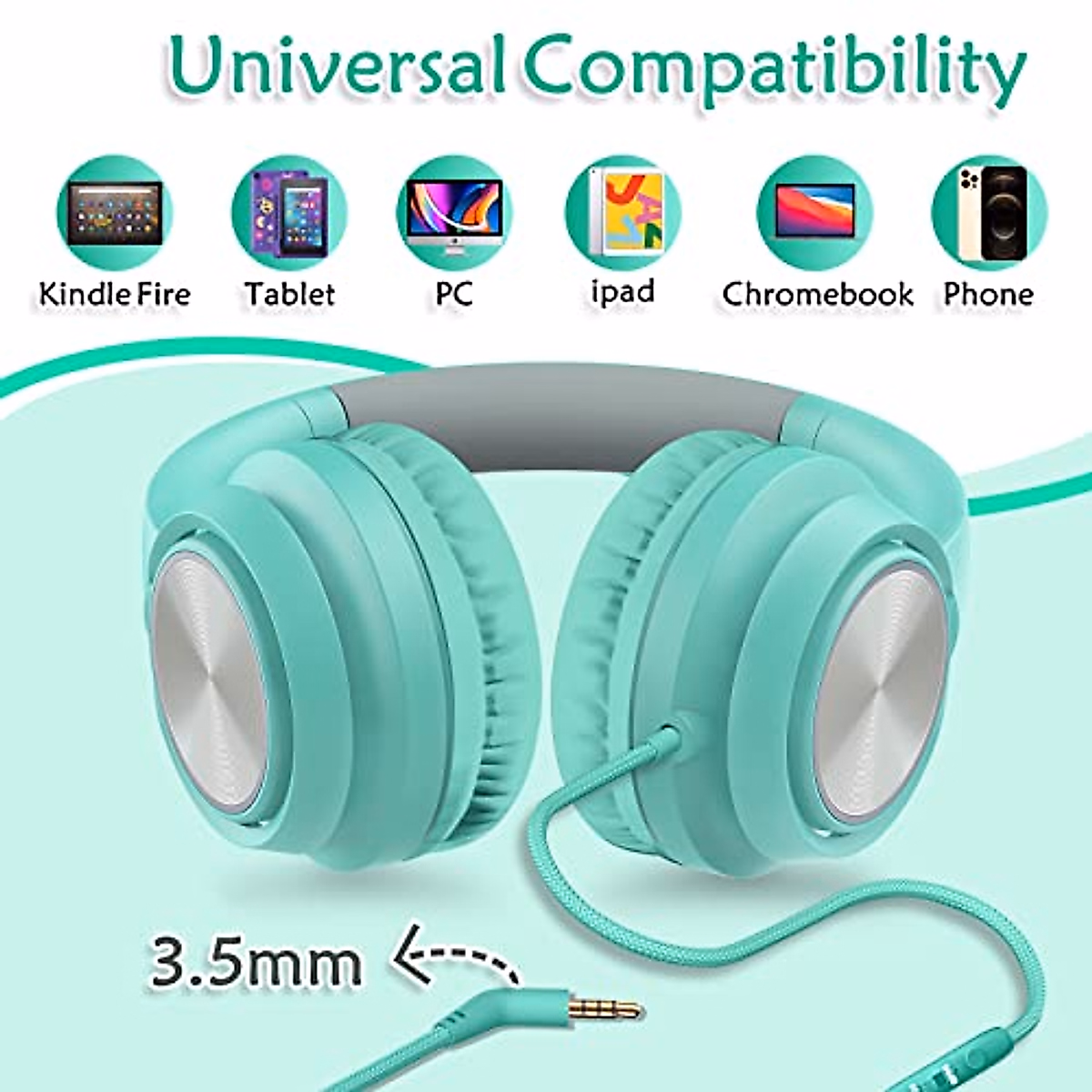 Kids Headphones with Microphone, Wired Headsets for Kid Child Teens Boys Girls with 85dB/94dB Volume Limit, Foldable Adjustable for School, Travel, 3.5mm Audio Jack for iPad, Tablet, PC, Chromebook